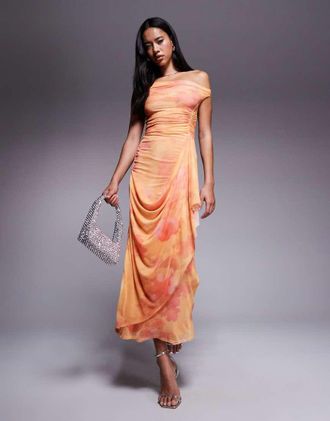 Asos Schulterfreies Netzstoff-Midikleid mit Wasserfallausschnitt, hochgestecktem Wickelrock und orangefarbenem Blumenmuster-Bunt