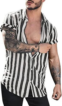 Generic Chemise en coton et lin pour homme - Haut de sport pour homme - Printemps et &eacute;t&eacute; - Chemise d&eacute;contract&eacute;e &agrave; manches courtes - Haut &agrave; rayures tendance - 