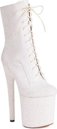 Generic Bottines tendance &agrave; paillettes pour femme avec lacets et fermeture &eacute;clair lat&eacute;rale, bout rond, ultra stiletto, talon haut, chaussures de danse, blanc,