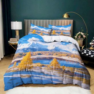 Generic Herbstlicher Schneeberg Bettwäsche 180 x 200 cm, Weiche Flauschige Microfaser Bettwäsche - Blau 3 Teilig Bedrucktes Bettbezug Set Enthält 1 Bettbezug 