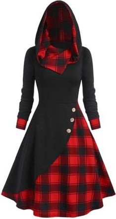 Generic Jupe Femme Robe d&eacute;contract&eacute;e pour Femmes &agrave; Manches Longues avec Capuche et Motif &agrave; Carreaux Style Swing (Red, M)
