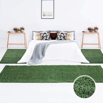 Carpet City Carpet City Teppich Shaggy Hochflor Langflor Einfarbig Gr&uuml;n &Ouml;ko Tex Bettumrandung 2X 80x150 und 1x 80x300