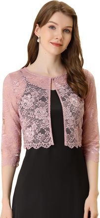 Allegra K Damen Brautjacke Bolero Festlich Kurz 3/4 &Auml;rmel Durchsichtig Blumen Spitze Shrug Crop Cardigan Spitzebolero Grau Rosa L