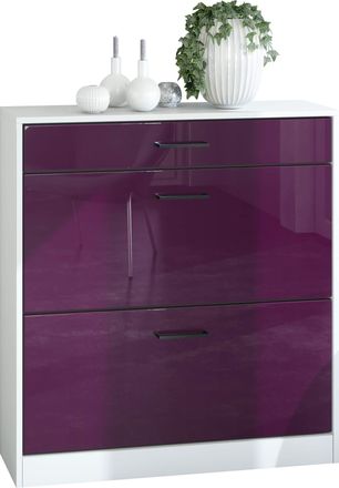 Vladon Schuhschrank Schuhkipper Elvas 89 x 95,5 x 27 cm, Made in Germany, Korpus in Weiß matt, Front in Brombeer Hochglanz | Große Farbauswahl