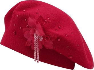 ZLYC Damen Wolle Baskenm&uuml;tze Klassische Franz&ouml;sischen Barett Warm Beret M&uuml;tze(Blumenanh&auml;nger Rot),Einheitsgr&ouml;&szlig;e