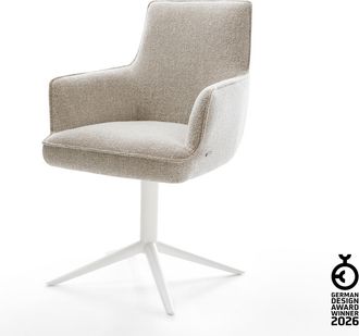 DELIFE Drehstuhl Heira-Flex mit Armlehnen Webstoff Soft Beige Fu&szlig;kreuz Wei&szlig; 360&deg; drehbar Wippfunktion Taschenfederkern, Esszimmerst&uuml;hle