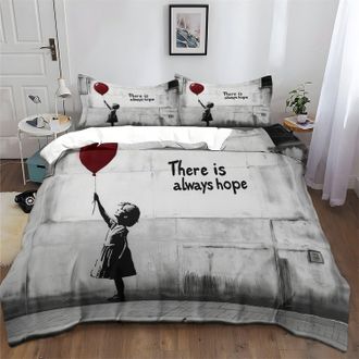 Generic Bettbezug Einfaches Ballonmädchen Motiv, Weiche 135 x 200 cm Bettbezug Set, Grau Gemütlich Bettwäsche-Set mit Reißverschluss und Kissenbezüge für Kind