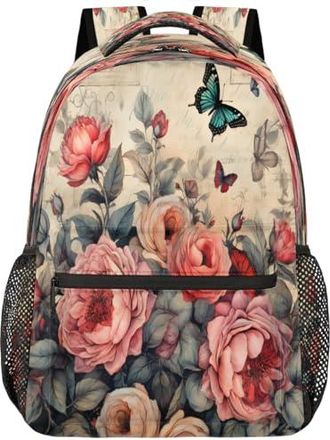 Generic Papillon &Agrave; Fleurs Rouges Vintage Sac &Agrave; Dos Confort Cartable Scolaire Unisexe Cartables Scolaires Pour V&eacute;lo Homme Camping 29X40Cm