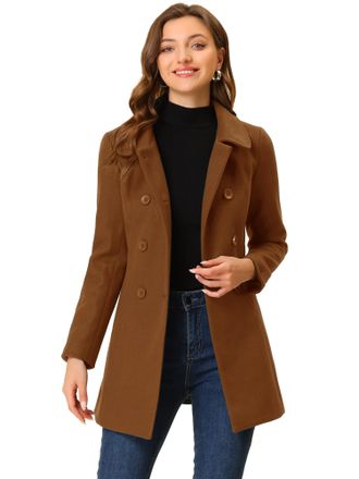 Allegra K Damen-Trenchcoat mit Peter-Pan-Kragen, zweireihig, Winter, langer Erbsenmantel, Dunkelbraun, M