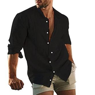 Generic Chemise en lin pour homme - Chemise en lin pour homme - Coupe ajust&eacute;e - Coupe ajust&eacute;e - Blanc - Polo blanc - Col en V - Haut long pour homme, Noir, XX