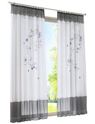 Liya 1 St&uuml;ck Gardine mit Blumen Stickerei Design Vorhang Transparent Voile Vorh&auml;nge (BxH 140x175cm, Grau mit Kr&auml;uselband)