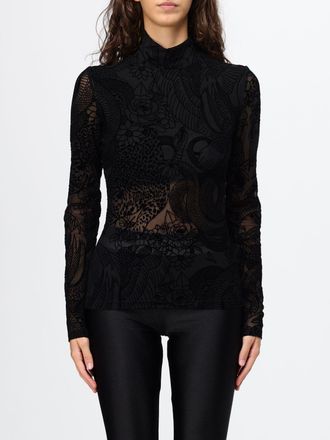Just Cavalli Rollkragentop aus transparentem T&uuml;ll mit Blumenstickerei