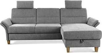 Cavadore Ecksofa Wyk mit Federkern / Schlafsofa im Landhaus-Stil mit Longchair, Bett, Bettkasten, Armteilfunktion + 2 Kopfstützen / 252 x 90 x 162 / Chenille, 
