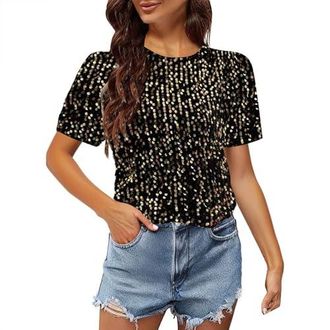 Generic Top femme &agrave; manches courtes avec paillettes, confortable chemisier ras du cou &agrave; sequins occasionnels pull top l&eacute;ger t-shirt basique pull top pour disc