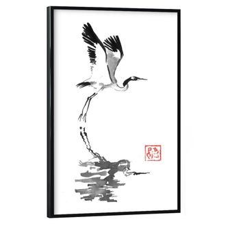 artboxONE Poster mit schwarzem Rahmen 30x20 cm Tiere Kranich fliegt - Bild Sumie Japan Kranich
