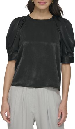 DKNY Womens 3/4 Sleeve Satin Blouse, Black, Small