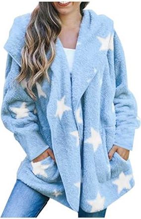 Generic Sweat-shirt moelleux pour femme - Manteau dhiver à capuche avec peluche chaude - Motif étoile - Cadeau de Noël quotidien, bleu, XXL