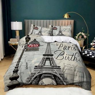 Generic Carte Postale Vintage de Paris thème Housse de Couette 140 x 200 cm Parure de Lit Adulte avec Fermeture Éclair, Noir et Blanc Linge de Lit Parure Hous