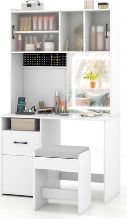 Giantex gro&szlig;er Schminktisch Set mit LED Spiegel und Hocker, Frisiertisch mit Steckdosen, 3 T&uuml;ren, Schublade, Schmuckaufbewahrung & Schr&auml;nke, Kosmetiktisch wei