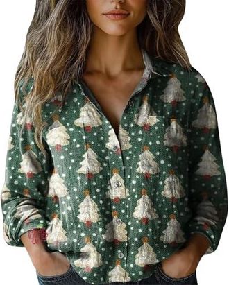 Generic Haut de Noël pour femme - Pull de Noël amusant surdimensionné à boutons - Haut à manches longues - Col en V - Arbre de Noël - Imprimé flocon de neige 