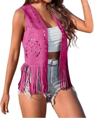 Generic Cardigan pour femme - Gilet d&eacute;t&eacute; l&eacute;ger et &eacute;l&eacute;gant - D&eacute;bardeur large en coton - D&eacute;bardeur spaghetti - Sans manches - Motif perfor&eacute; - Franges - Camisole