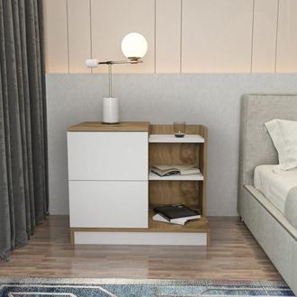 Hanah Home Scandinavian Nightstand, White & Oak, 72 x 45 x 60 cm | 100% Melamine Coated Particle Board, 18 mm Thick | Stylish & Functional for Modern Bedrooms
