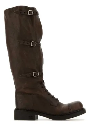 Miu Miu Leather Buckle Strap Boot - Brown