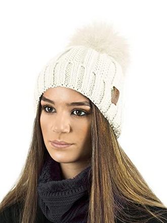 TOSKATOK Dames Femmes Hiver Rib Seed Stitch Beanie Bobble Chapeau avec Doublure en Polaire Confortable Chaud et Fausse Fourrure Pom Pom-Taille Unique-Ecru Bean