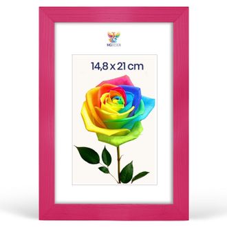 MG Design Bilderrahmen A5 14,8 x 21 cm - Fotorahmen mit Rosa Holzrahmen (Echtholz) und bruchsicherem Acrylglas, Hoch & Quer zum Aufh&auml;ngen, zum Aufstellen