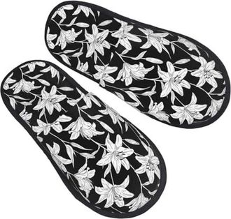 Generic Pantoufles DHiver Lys Fleurs Noir Portative Pantoufles De Maison R&eacute;utilisables Hiver Chausson Pour Invit&eacute; Camping Voyage M
