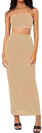 Generic Robe longue sans bretelles &agrave; paillettes fendues pour femme, kaki, XXL