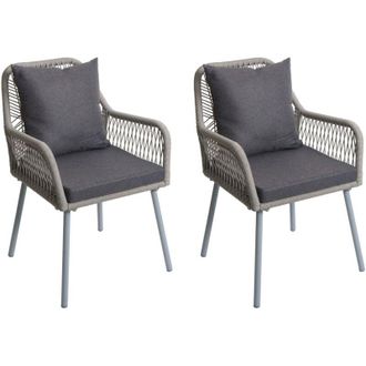 Hhg Neuwertig] 2er-Set Gartenstuhl HHG 475, Outdoor Sitz-/R&uuml;ckenpolster Aluminium Seilgeflecht Rope grau, Bezug dunkelgrau