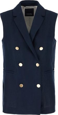 Max Mara Femme, Vestes, Bleu, Taille: 38 FR Gilet en lin &agrave; motif panier