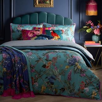 Laurence Llewelyn-Bowen CANVUE Laurence Llewelyn-Bowen Bettbezug mit blaugrünem Blumenmuster und Rankgitter, King-Size-Größe (230 x 220 cm), wendbare Designs, weiche 100% Bau