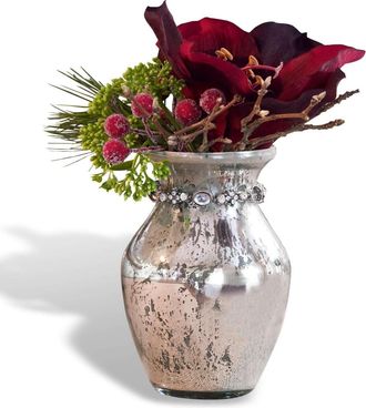 Loberon Vasen 2er Set Louna, Besatz aus Glitzersteinchen, mundgeblasen, innen verspiegelt, Weihnachtstischdeko, Weihnachten, Glas, antiksilber