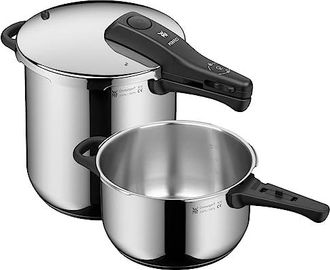 WMF Perfect One Pot Schnellkochtopf Set Induktion 2-teilig, Dampfkochtopf 8,5l + 4,5l ohne Einsatz, großes Kochsignal, 2 Kochstufen, abnehmbarer Deckelgri