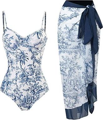 QWUVEDS Maillot de bain fille femme vintage bloc de couleurs abstrait imprimé floral 1 pièce maillot de bain + 1 pièce cache-maillot de bain deux pièces avec 
