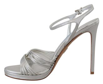 Prada Womens Ankle Strap Leather Sandal Silver Heels