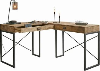 Loberon Schreibtisch Lemuel, Praktische Eck-L&ouml;sung, Zwei Ger&auml;umige Schubladen, Minimalistischen Design, B&uuml;rotisch, Mangoholz, Eisen, antikbraun/schwarz