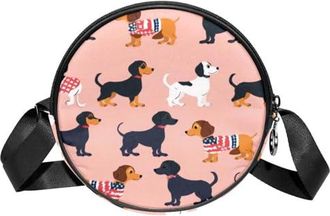 Generic Petit sac &agrave; bandouli&egrave;re circulaire pour femme, motif teckel avec fermeture &eacute;clair, bretelles r&eacute;glables, sac &agrave; main rond d&eacute;contract&eacute; pour femmes et fil
