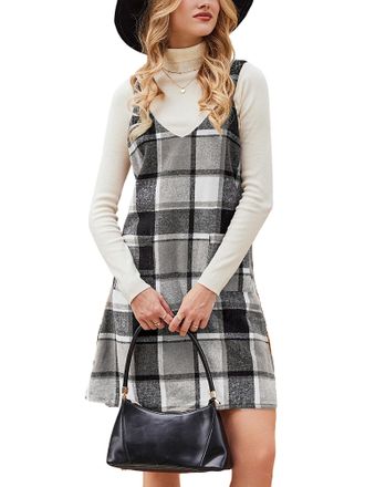 Cupshe Damen Latzrock V Ausschnitt Taschen Karomuster A Linie Latzkleid Overallkleid Freizeitkleider Plaid Mini Dress Schwarz Plaid M