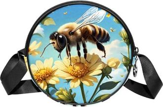 Generic Sac &agrave; bandouli&egrave;re rond pour femme, motif abeille, petit sac &agrave; bandouli&egrave;re avec fermeture &eacute;clair, bretelles r&eacute;glables, sac &agrave; main rond d&eacute;contract&eacute; pour
