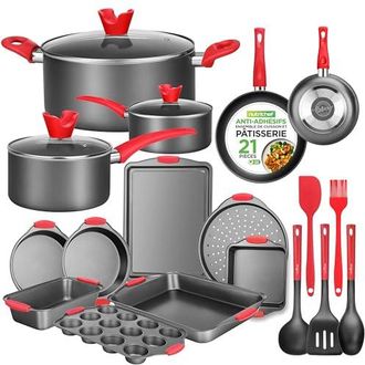 Nutrichef NutriChef Batteries de Cuisine Antiadh&eacute;sives 21 Pi&egrave;ces- Casseroles,Po&ecirc;les,Moules de Cuisson Ronds et Carr&eacute;s,Moules &agrave; Pain et &agrave; Muffins,Plaque &agrave; Pizza,