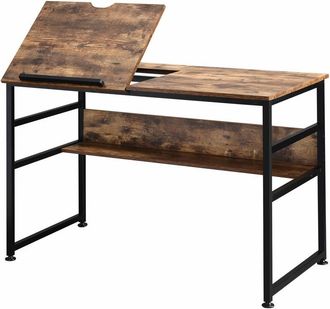 HOMCOM Homcom - Bureau informatique design industriel - plateau relevable, &eacute;tag&egrave;re - panneaux particules aspect vieux bois m&eacute;tal noir
