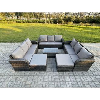 Fimous Salon de jardin 11 places Ensemble de canap&eacute;s en rotin avec Table basse 2 Grand tabourets Gris fonc&eacute; mixte - Fimous