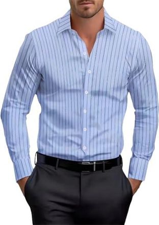 Generic Chemise ray&eacute;e pour homme &agrave; manches longues boutonn&eacute;e d&eacute;contract&eacute;e col revers personnalis&eacute; coupe ajust&eacute;e confortable chemise respirante v&ecirc;tements de sp
