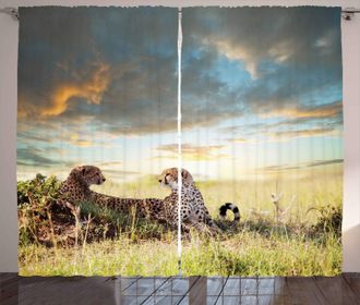 Abakuhaus Safari Rustikaler Gardine, Gefährliche Geparden in Afrika, Schlafzimmer Kräuselband Vorhang mit Schlaufen und Haken, 280 x 245 cm, Braun Grün