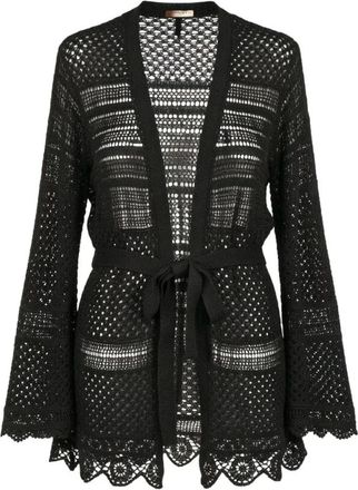 Twinset Femme, Pulls, Noir, Taille: 42 FR Cardigan ajour&eacute; au crochet avec ceinture et applications de strass