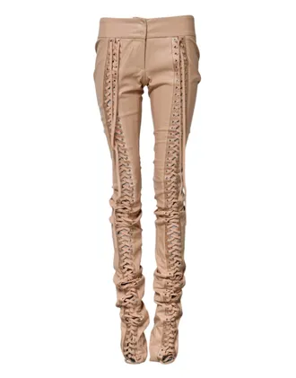 Dolce & Gabbana Womens Beige Lace Details Mid Waist Skinny Pants Polyurethane Polyester