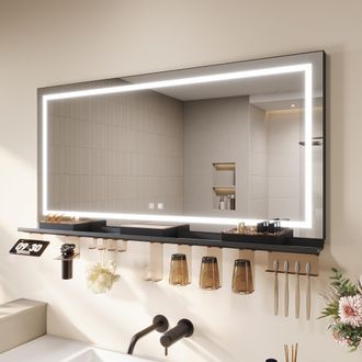 Sonni LED Badspiegel 120x60cm mit 120cm Ablage, Touch Spiegel 3 Lichtfarben, Anti-Beschlag, Ablage mit Handyhalter + Haken + Zahnb&uuml;rstenhalter + Becherhalte